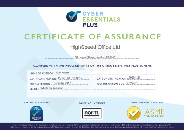 hSo announces Cyber Essentials Plus Certificate of Compliance Achieved | hSo
